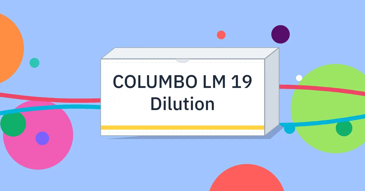 Symbolbild: Packung mit der Aufschrift COLUMBO LM 19 Dilution (PZN 13448831) – Verfügbarkeit und Bezug in Apotheken in Frankfurt am Main