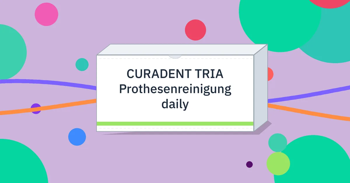 Symbolbild: Packung mit der Aufschrift CURADENT TRIA Prothesenreinigung daily (PZN 07194361) – Verfügbarkeit und Bezug in Apotheken in Frankfurt am Main