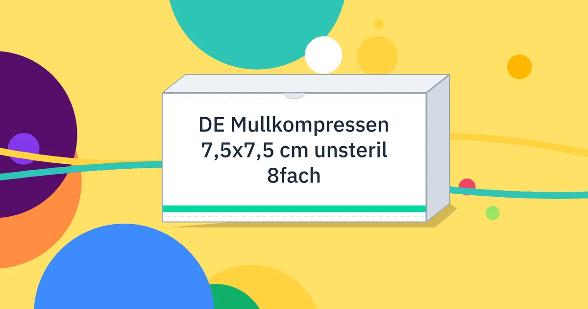 Symbolbild: Packung mit der Aufschrift DE Mullkompressen 7,5x7,5 cm unsteril 8fach (PZN 03228755) – Verfügbarkeit und Bezug in Apotheken in Frankfurt am Main