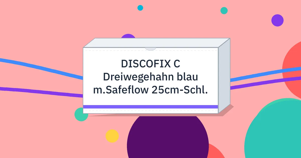 Symbolbild: Packung mit der Aufschrift DISCOFIX C Dreiwegehahn blau m.Safeflow 25cm-Schl. (PZN 04833429) – Verfügbarkeit und Bezug in Apotheken in Frankfurt am Main