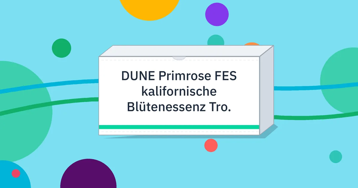 Symbolbild: Packung mit der Aufschrift DUNE Primrose FES kalifornische Blütenessenz Tro. (PZN 18809713) – Verfügbarkeit und Bezug in Apotheken in Frankfurt am Main