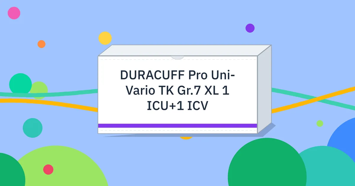 Symbolbild: Packung mit der Aufschrift DURACUFF Pro Uni-Vario TK Gr.7 XL 1 ICU+1 ICV (PZN 19245595) – Verfügbarkeit und Bezug in Apotheken in Frankfurt am Main