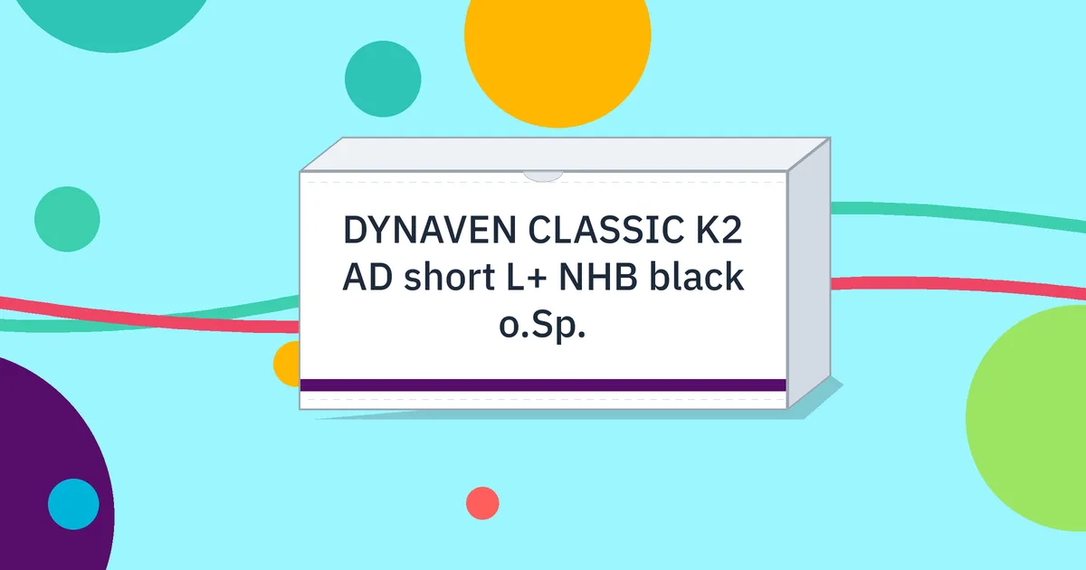 Symbolbild: Packung mit der Aufschrift DYNAVEN CLASSIC K2 AD short L+ NHB black o.Sp. (PZN 18417485) – Verfügbarkeit und Bezug in Apotheken in Frankfurt am Main