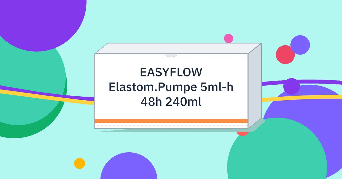 Symbolbild: Packung mit der Aufschrift EASYFLOW Elastom.Pumpe 5ml-h 48h 240ml (PZN 19789007) – Verfügbarkeit und Bezug in Apotheken in Frankfurt am Main
