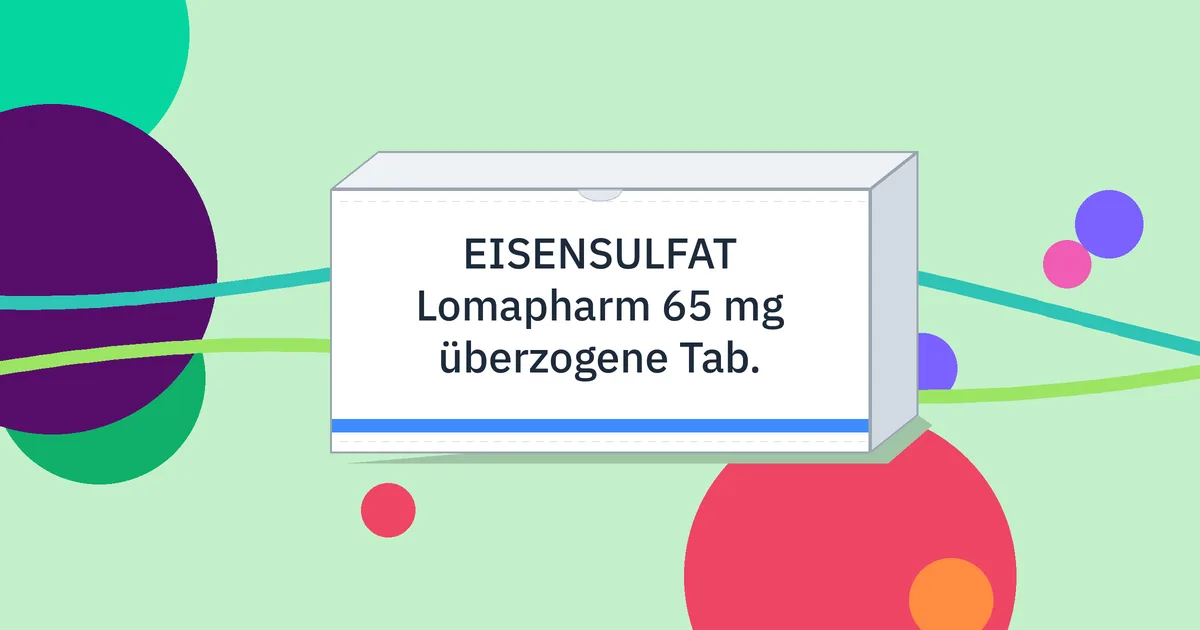 Symbolbild: Packung mit der Aufschrift EISENSULFAT Lomapharm 65 mg überzogene Tab. (PZN 02750521) – Verfügbarkeit und Bezug in Apotheken in Frankfurt am Main