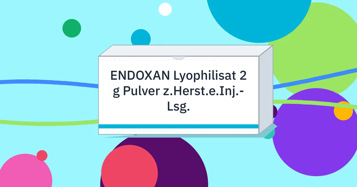 Symbolbild: Packung mit der Aufschrift ENDOXAN Lyophilisat 2 g Pulver z.Herst.e.Inj.-Lsg. (PZN 11352506) – Verfügbarkeit und Bezug in Apotheken in Frankfurt am Main