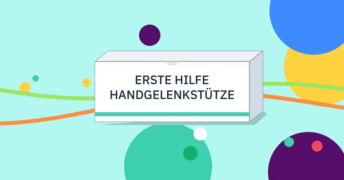 Symbolbild: Packung mit der Aufschrift ERSTE HILFE HANDGELENKSTÜTZE (PZN 03387347) – Verfügbarkeit und Bezug in Apotheken in Frankfurt am Main