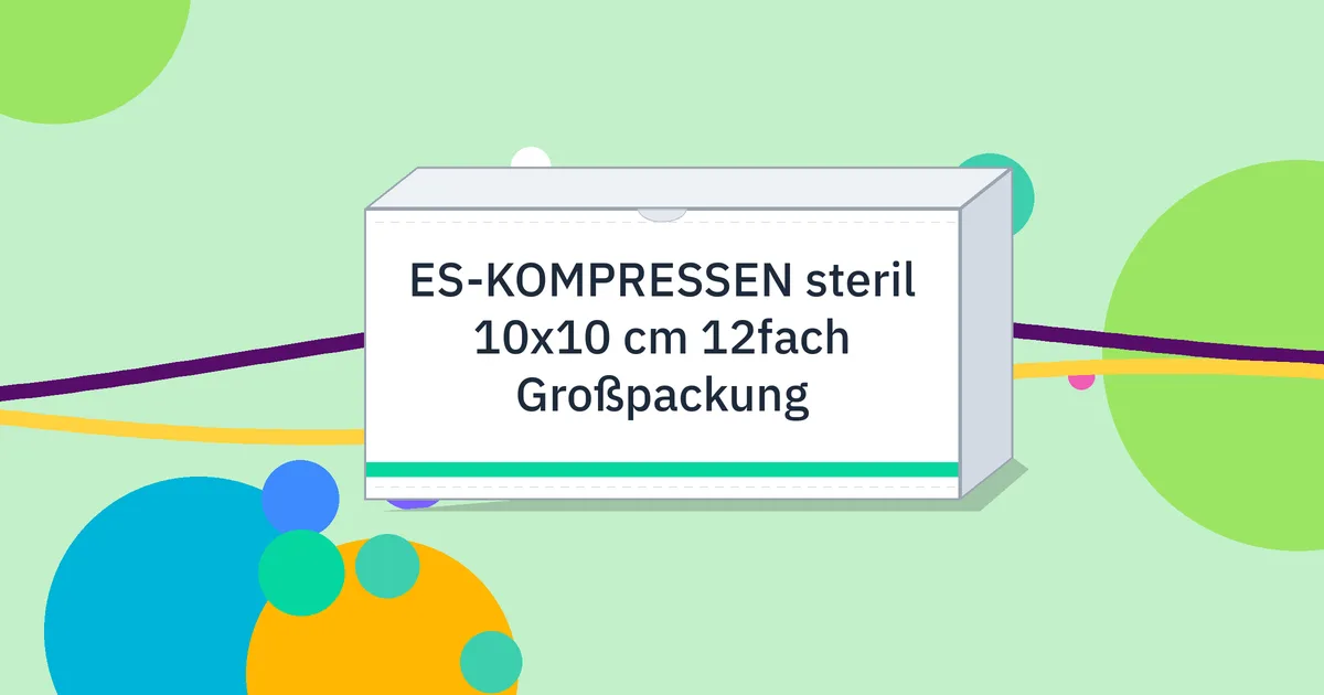 Symbolbild: Packung mit der Aufschrift ES-KOMPRESSEN steril 10x10 cm 12fach Großpackung (PZN 19439158) – Verfügbarkeit und Bezug in Apotheken in Frankfurt am Main