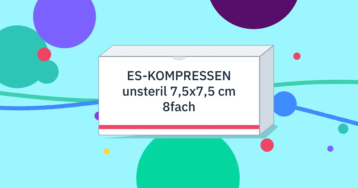 Symbolbild: Packung mit der Aufschrift ES-KOMPRESSEN unsteril 7,5x7,5 cm 8fach (PZN 13652833) – Verfügbarkeit und Bezug in Apotheken in Frankfurt am Main