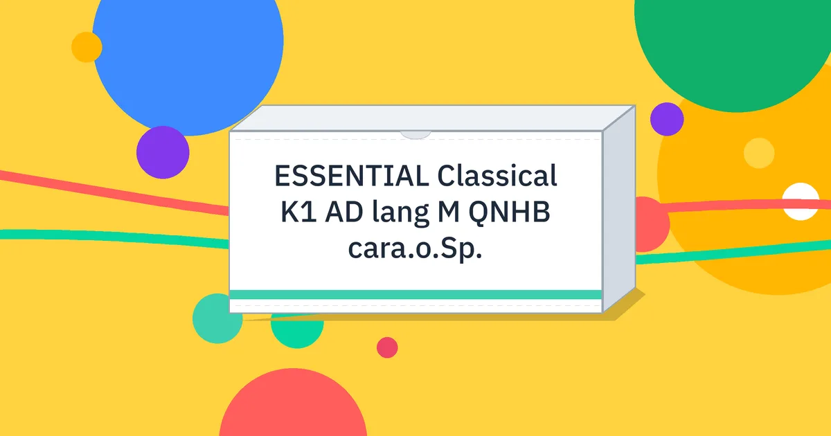 Symbolbild: Packung mit der Aufschrift ESSENTIAL Classical K1 AD lang M QNHB cara.o.Sp. (PZN 18866243) – Verfügbarkeit und Bezug in Apotheken in Frankfurt am Main
