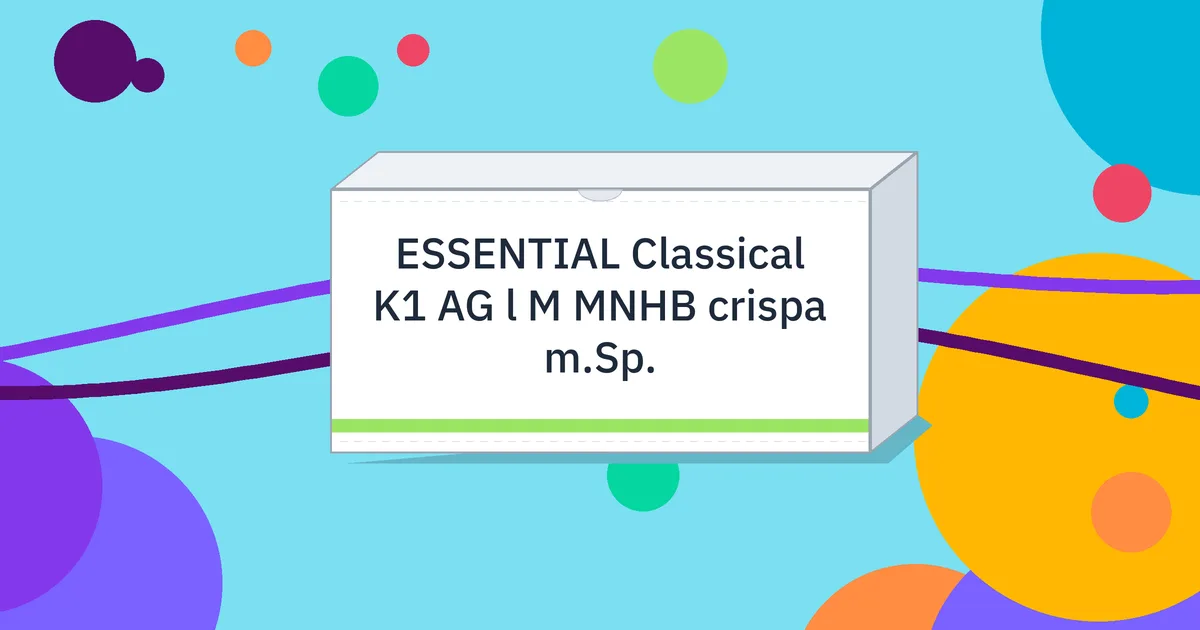 Symbolbild: Packung mit der Aufschrift ESSENTIAL Classical K1 AG l M MNHB crispa m.Sp. (PZN 19320894) – Verfügbarkeit und Bezug in Apotheken in Frankfurt am Main