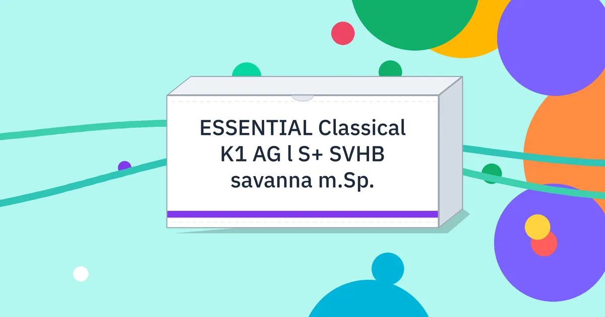 Symbolbild: Packung mit der Aufschrift ESSENTIAL Classical K1 AG l S+ SVHB savanna m.Sp. (PZN 18421009) – Verfügbarkeit und Bezug in Apotheken in Frankfurt am Main