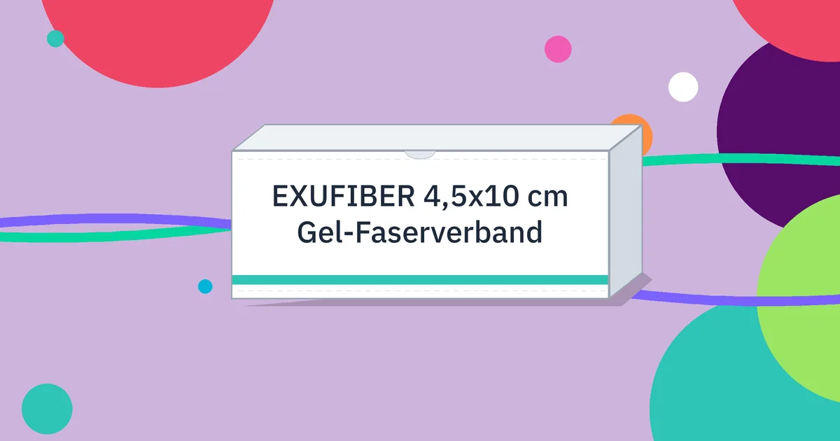 Symbolbild: Packung mit der Aufschrift EXUFIBER 4,5x10 cm Gel-Faserverband (PZN 16261671) – Verfügbarkeit und Bezug in Apotheken in Frankfurt am Main