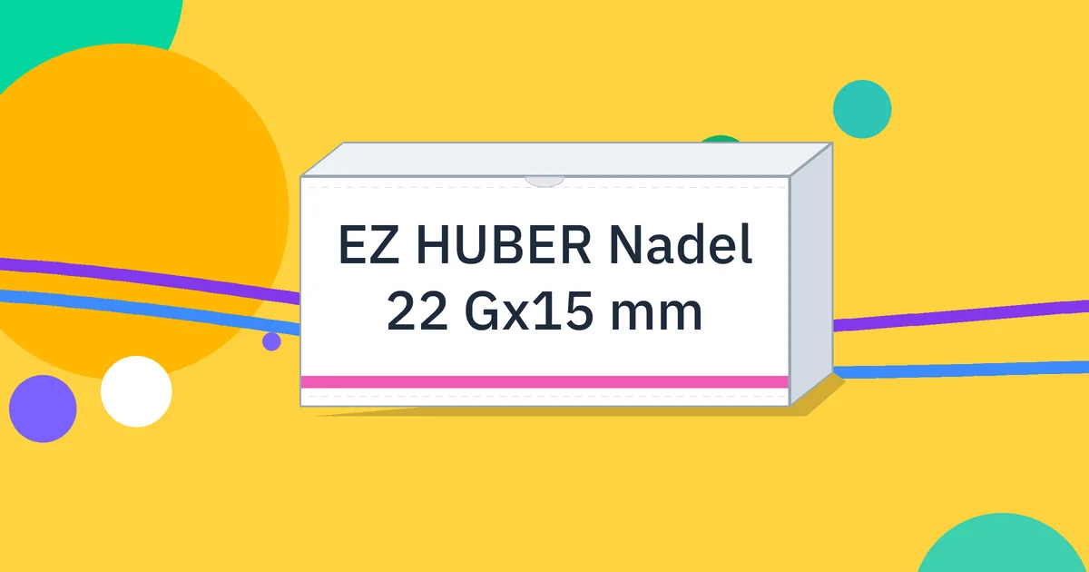 Symbolbild: Packung mit der Aufschrift EZ HUBER Nadel 22 Gx15 mm (PZN 06945339) – Verfügbarkeit und Bezug in Apotheken in Frankfurt am Main