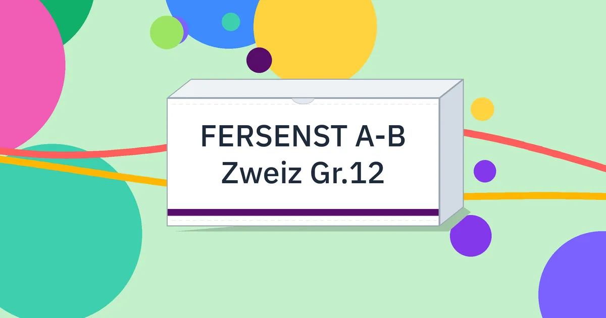 Symbolbild: Packung mit der Aufschrift FERSENST A-B Zweiz Gr.12 (PZN 01737820) – Verfügbarkeit und Bezug in Apotheken in Frankfurt am Main