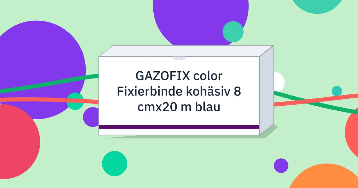 Symbolbild: Packung mit der Aufschrift GAZOFIX color Fixierbinde kohäsiv 8 cmx20 m blau (PZN 11587617) – Verfügbarkeit und Bezug in Apotheken in Frankfurt am Main