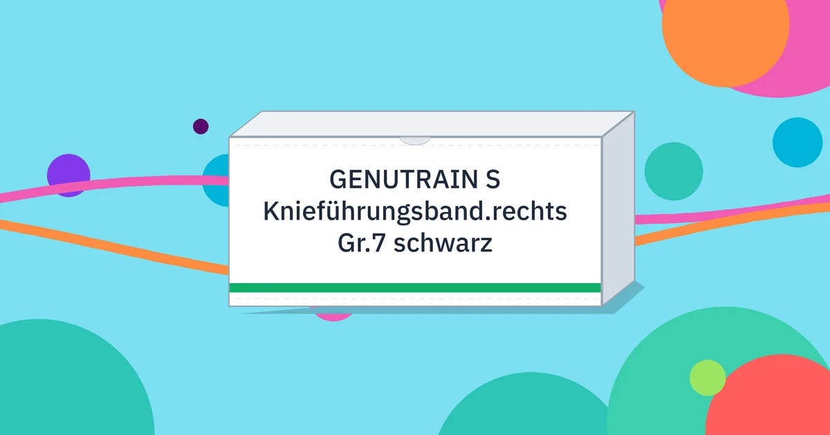 Symbolbild: Packung mit der Aufschrift GENUTRAIN S Knieführungsband.rechts Gr.7 schwarz (PZN 11228798) – Verfügbarkeit und Bezug in Apotheken in Frankfurt am Main