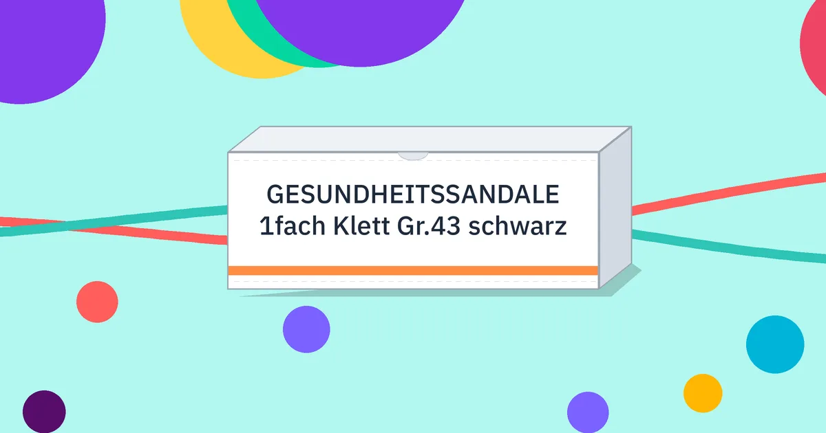Symbolbild: Packung mit der Aufschrift GESUNDHEITSSANDALE 1fach Klett Gr.43 schwarz (PZN 13921078) – Verfügbarkeit und Bezug in Apotheken in Frankfurt am Main
