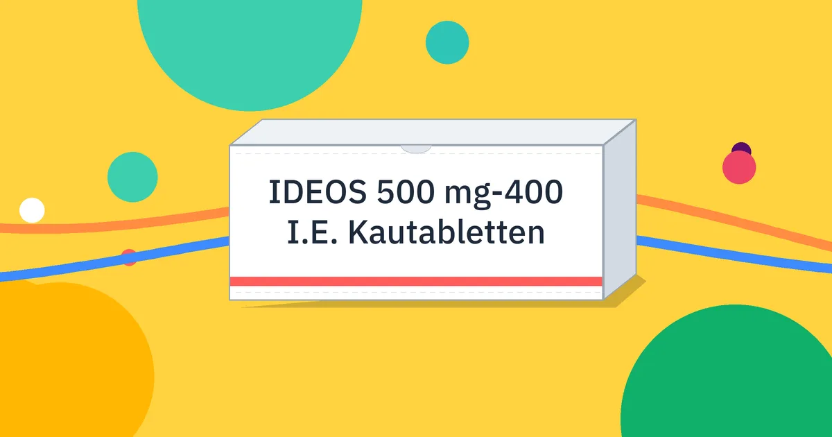 Symbolbild: Packung mit der Aufschrift IDEOS 500 mg-400 I.E. Kautabletten (PZN 08523849) – Verfügbarkeit und Bezug in Apotheken in Frankfurt am Main