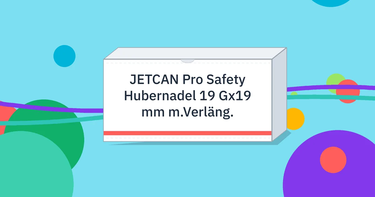 Symbolbild: Packung mit der Aufschrift JETCAN Pro Safety Hubernadel 19 Gx19 mm m.Verläng. (PZN 19421106) – Verfügbarkeit und Bezug in Apotheken in Frankfurt am Main