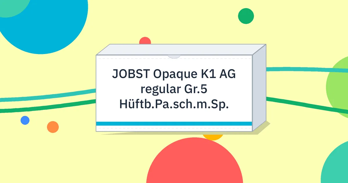 Symbolbild: Packung mit der Aufschrift JOBST Opaque K1 AG regular Gr.5 Hüftb.Pa.sch.m.Sp. (PZN 13100648) – Verfügbarkeit und Bezug in Apotheken in Frankfurt am Main