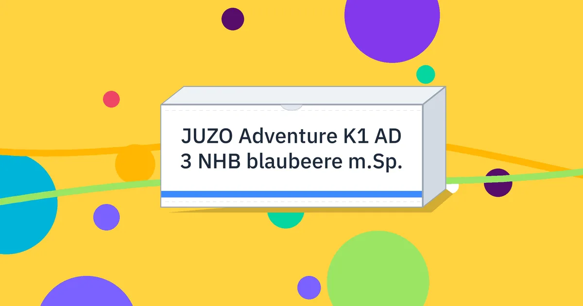 Symbolbild: Packung mit der Aufschrift JUZO Adventure K1 AD 3 NHB blaubeere m.Sp. (PZN 16346491) – Verfügbarkeit und Bezug in Apotheken in Frankfurt am Main