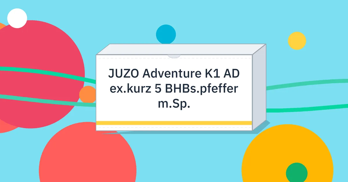 Symbolbild: Packung mit der Aufschrift JUZO Adventure K1 AD ex.kurz 5 BHBs.pfeffer m.Sp. (PZN 15496627) – Verfügbarkeit und Bezug in Apotheken in Frankfurt am Main