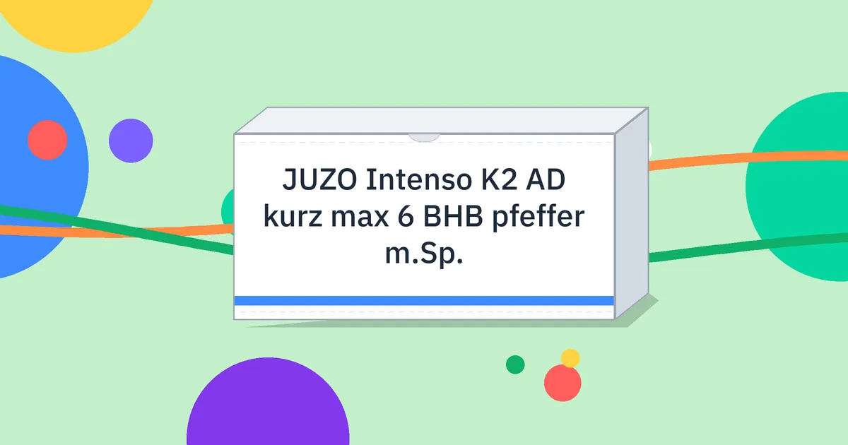 Symbolbild: Packung mit der Aufschrift JUZO Intenso K2 AD kurz max 6 BHB pfeffer m.Sp. (PZN 18615558) – Verfügbarkeit und Bezug in Apotheken in Frankfurt am Main
