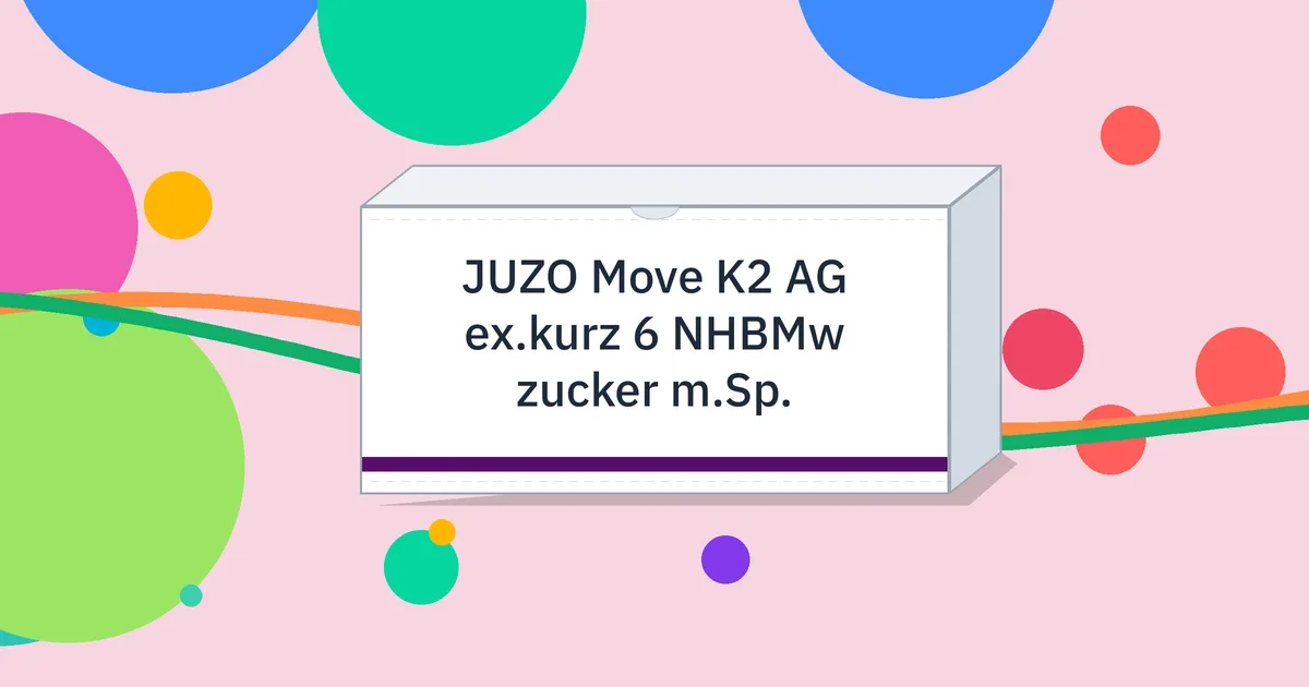 Symbolbild: Packung mit der Aufschrift JUZO Move K2 AG ex.kurz 6 NHBMw zucker m.Sp. (PZN 18531382) – Verfügbarkeit und Bezug in Apotheken in Frankfurt am Main