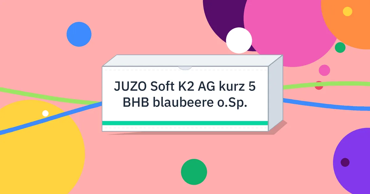 Symbolbild: Packung mit der Aufschrift JUZO Soft K2 AG kurz 5 BHB blaubeere o.Sp. (PZN 14826933) – Verfügbarkeit und Bezug in Apotheken in Frankfurt am Main