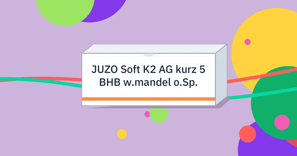 Symbolbild: Packung mit der Aufschrift JUZO Soft K2 AG kurz 5 BHB w.mandel o.Sp. (PZN 14842926) – Verfügbarkeit und Bezug in Apotheken in Frankfurt am Main