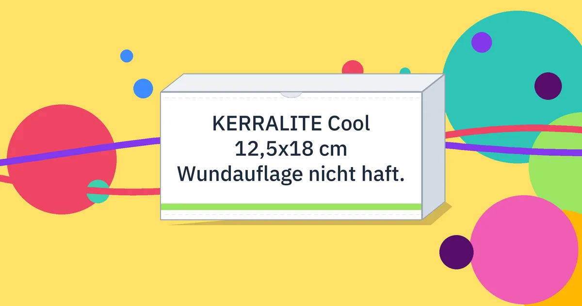 Symbolbild: Packung mit der Aufschrift KERRALITE Cool 12,5x18 cm Wundauflage nicht haft. (PZN 18729569) – Verfügbarkeit und Bezug in Apotheken in Frankfurt am Main