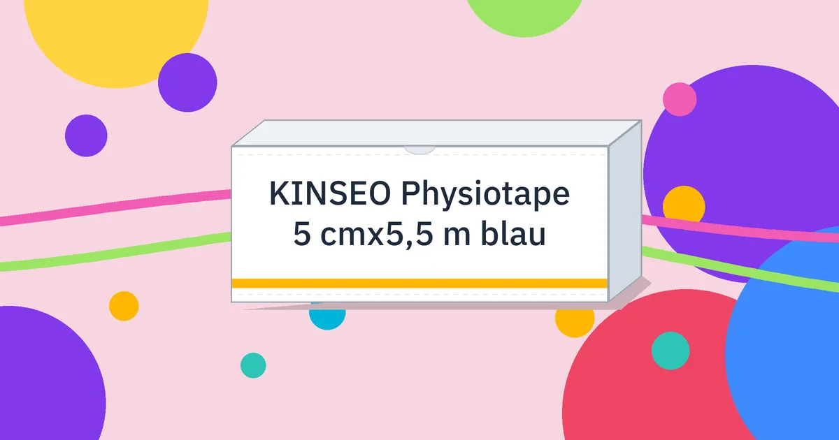 Symbolbild: Packung mit der Aufschrift KINSEO Physiotape 5 cmx5,5 m blau (PZN 05900300) – Verfügbarkeit und Bezug in Apotheken in Frankfurt am Main