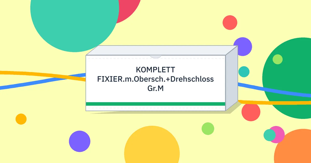 Symbolbild: Packung mit der Aufschrift KOMPLETT FIXIER.m.Obersch.+Drehschloss Gr.M (PZN 11573839) – Verfügbarkeit und Bezug in Apotheken in Frankfurt am Main