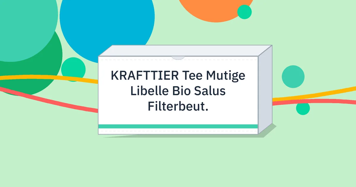 Symbolbild: Packung mit der Aufschrift KRAFTTIER Tee Mutige Libelle Bio Salus Filterbeut. (PZN 19351133) – Verfügbarkeit und Bezug in Apotheken in Frankfurt am Main