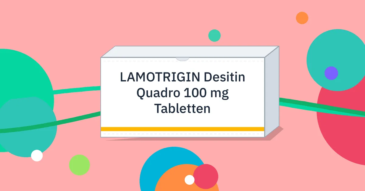 Symbolbild: Packung mit der Aufschrift LAMOTRIGIN Desitin Quadro 100 mg Tabletten (PZN 03806301) – Verfügbarkeit und Bezug in Apotheken in Frankfurt am Main