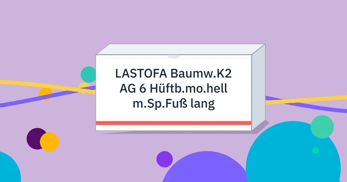 Symbolbild: Packung mit der Aufschrift LASTOFA Baumw.K2 AG 6 Hüftb.mo.hell m.Sp.Fuß lang (PZN 01949278) – Verfügbarkeit und Bezug in Apotheken in Frankfurt am Main