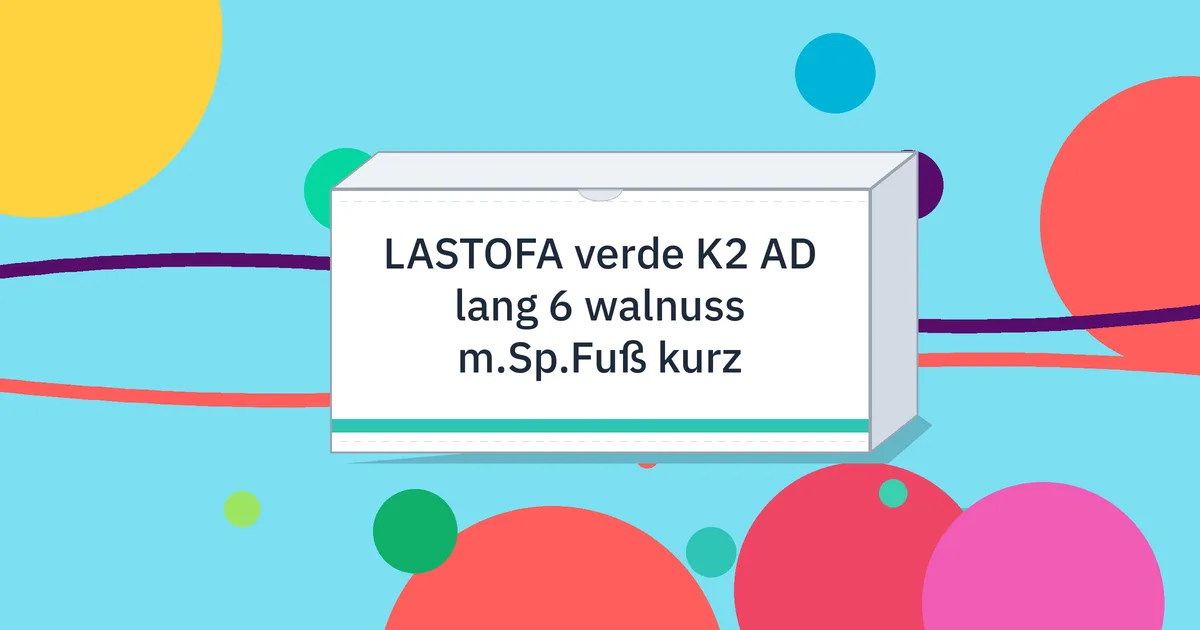 Symbolbild: Packung mit der Aufschrift LASTOFA verde K2 AD lang 6 walnuss m.Sp.Fuß kurz (PZN 16721865) – Verfügbarkeit und Bezug in Apotheken in Frankfurt am Main