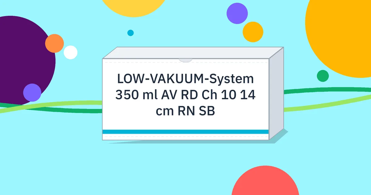 Symbolbild: Packung mit der Aufschrift LOW-VAKUUM-System 350 ml AV RD Ch 10 14 cm RN SB (PZN 17484083) – Verfügbarkeit und Bezug in Apotheken in Frankfurt am Main
