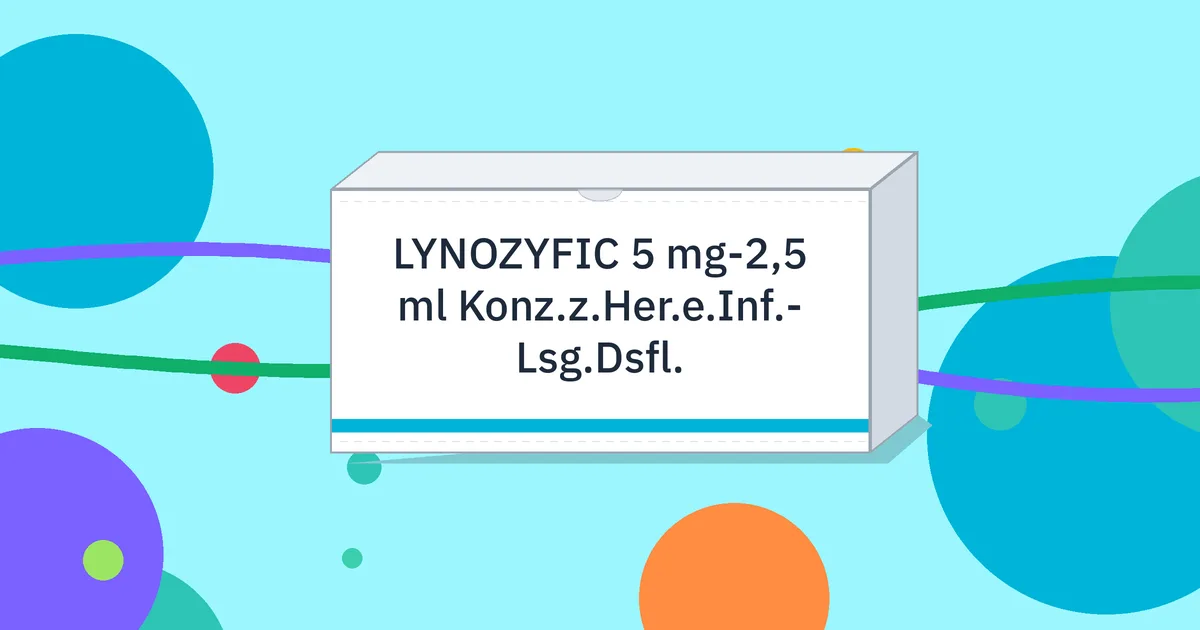Symbolbild: Packung mit der Aufschrift LYNOZYFIC 5 mg-2,5 ml Konz.z.Her.e.Inf.-Lsg.Dsfl. (PZN 19503459) – Verfügbarkeit und Bezug in Apotheken in Frankfurt am Main