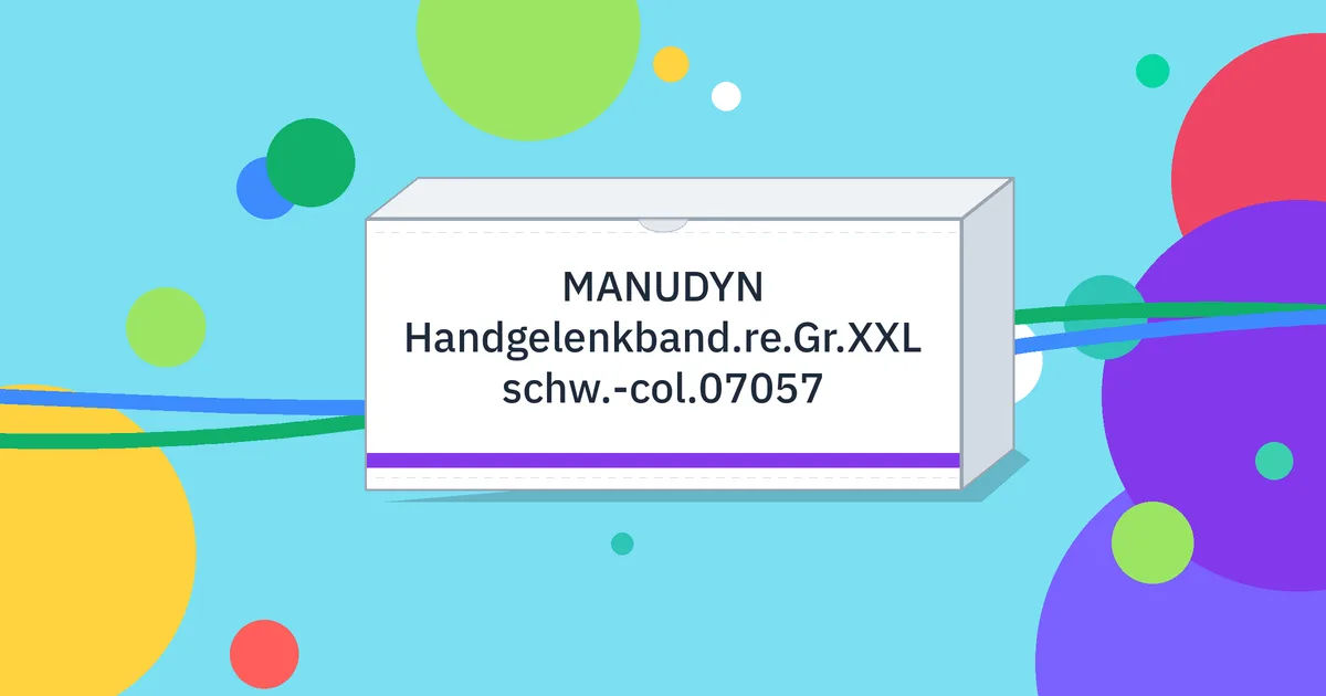 Symbolbild: Packung mit der Aufschrift MANUDYN Handgelenkband.re.Gr.XXL schw.-col.07057 (PZN 06727312) – Verfügbarkeit und Bezug in Apotheken in Frankfurt am Main