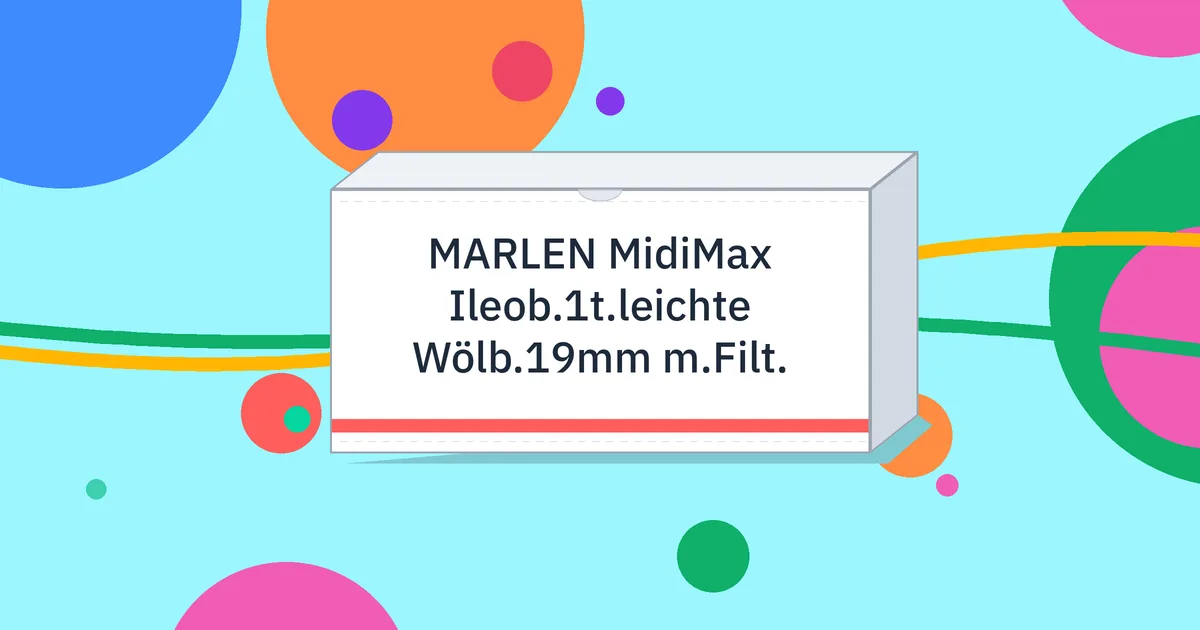 Symbolbild: Packung mit der Aufschrift MARLEN MidiMax Ileob.1t.leichte Wölb.19mm m.Filt. (PZN 16658144) – Verfügbarkeit und Bezug in Apotheken in Frankfurt am Main