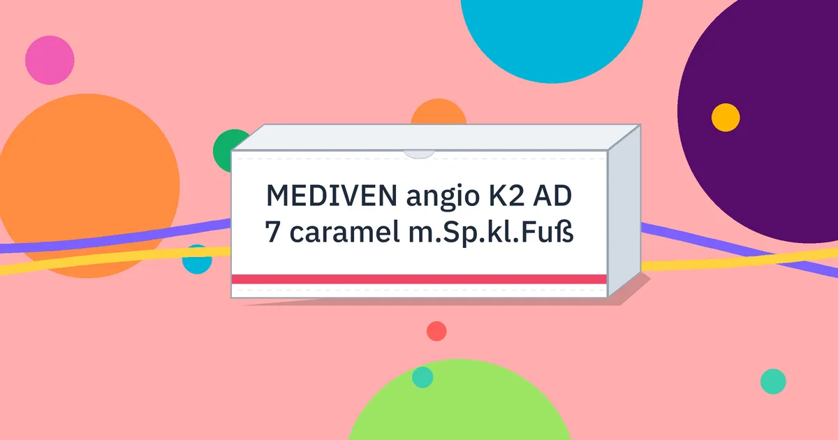 Symbolbild: Packung mit der Aufschrift MEDIVEN angio K2 AD 7 caramel m.Sp.kl.Fuß (PZN 17210658) – Verfügbarkeit und Bezug in Apotheken in Frankfurt am Main