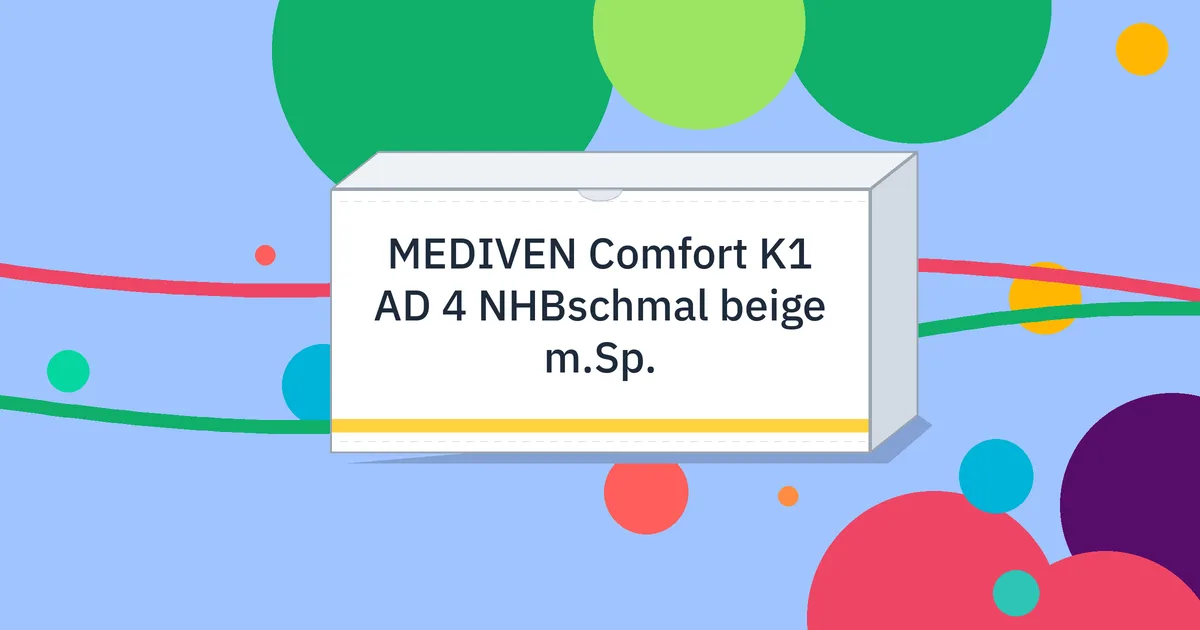 Symbolbild: Packung mit der Aufschrift MEDIVEN Comfort K1 AD 4 NHBschmal beige m.Sp. (PZN 14562003) – Verfügbarkeit und Bezug in Apotheken in Frankfurt am Main