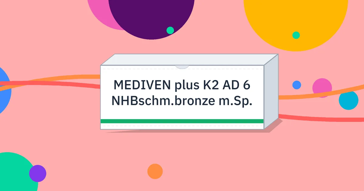 Symbolbild: Packung mit der Aufschrift MEDIVEN plus K2 AD 6 NHBschm.bronze m.Sp. (PZN 15938806) – Verfügbarkeit und Bezug in Apotheken in Frankfurt am Main