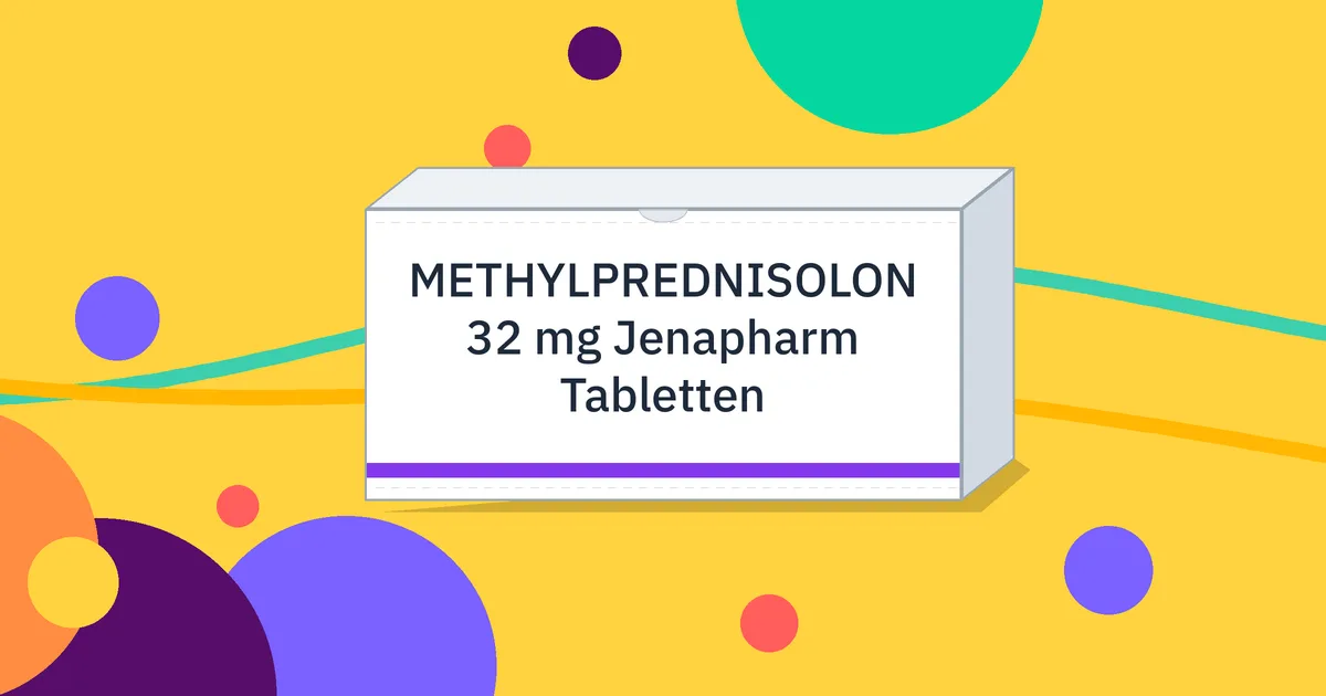 Symbolbild: Packung mit der Aufschrift METHYLPREDNISOLON 32 mg Jenapharm Tabletten (PZN 04887827) – Verfügbarkeit und Bezug in Apotheken in Frankfurt am Main