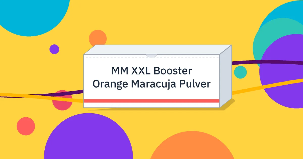 Symbolbild: Packung mit der Aufschrift MM XXL Booster Orange Maracuja Pulver (PZN 09612182) – Verfügbarkeit und Bezug in Apotheken in Frankfurt am Main