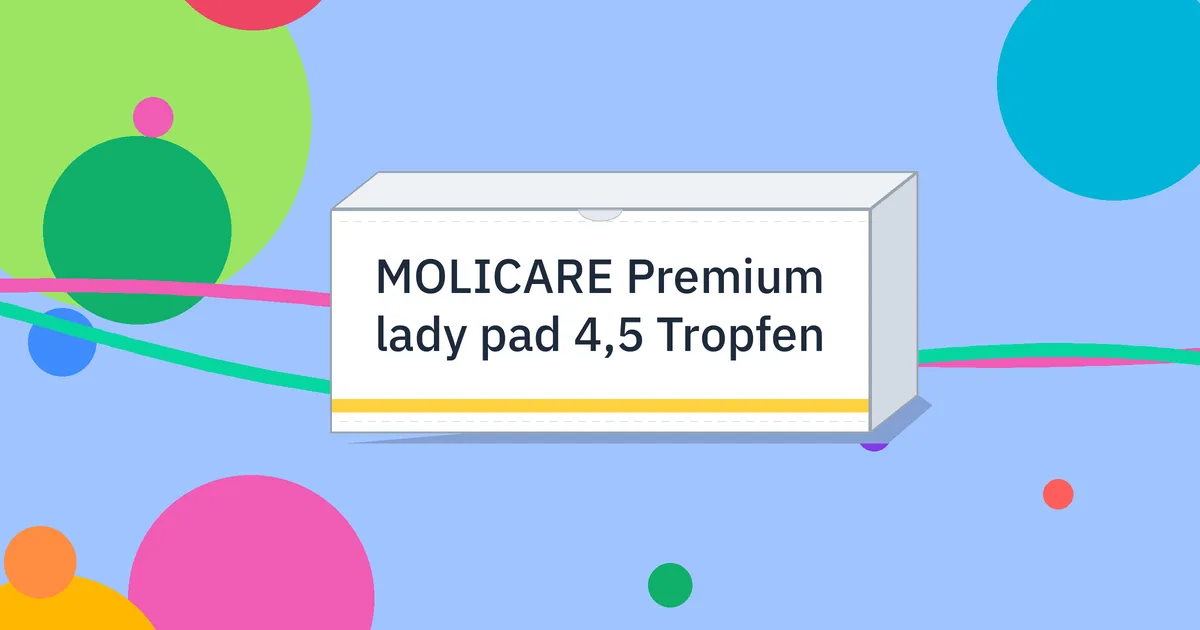 Symbolbild: Packung mit der Aufschrift MOLICARE Premium lady pad 4,5 Tropfen (PZN 15424823) – Verfügbarkeit und Bezug in Apotheken in Frankfurt am Main