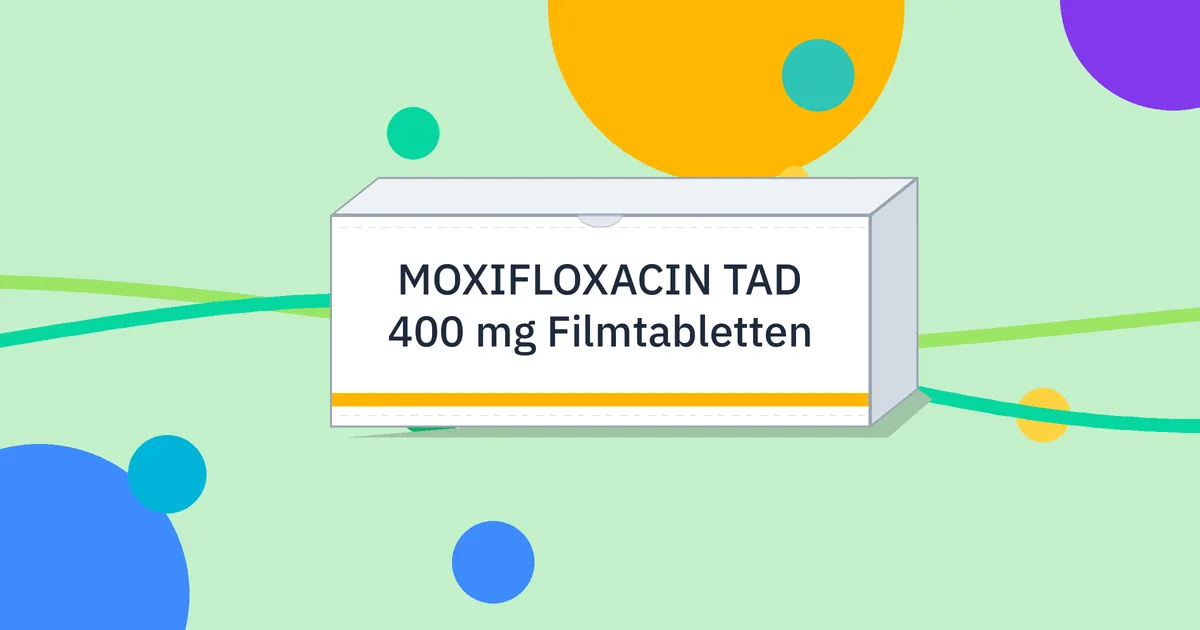 Symbolbild: Packung mit der Aufschrift MOXIFLOXACIN TAD 400 mg Filmtabletten (PZN 10526921) – Verfügbarkeit und Bezug in Apotheken in Frankfurt am Main