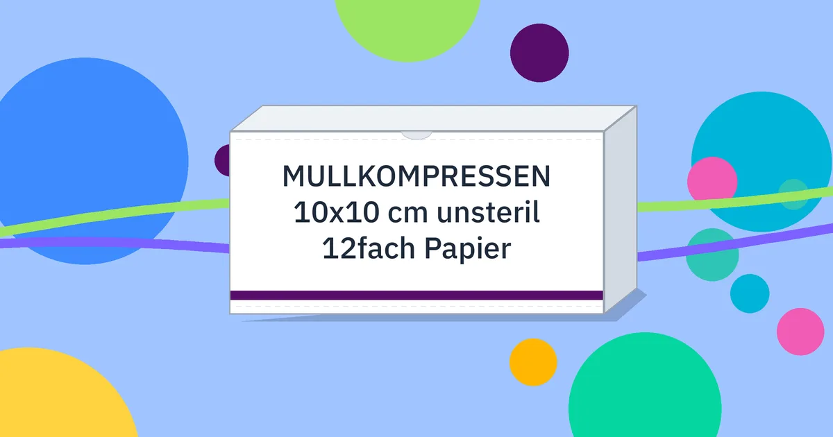Symbolbild: Packung mit der Aufschrift MULLKOMPRESSEN 10x10 cm unsteril 12fach Papier (PZN 01596420) – Verfügbarkeit und Bezug in Apotheken in Frankfurt am Main